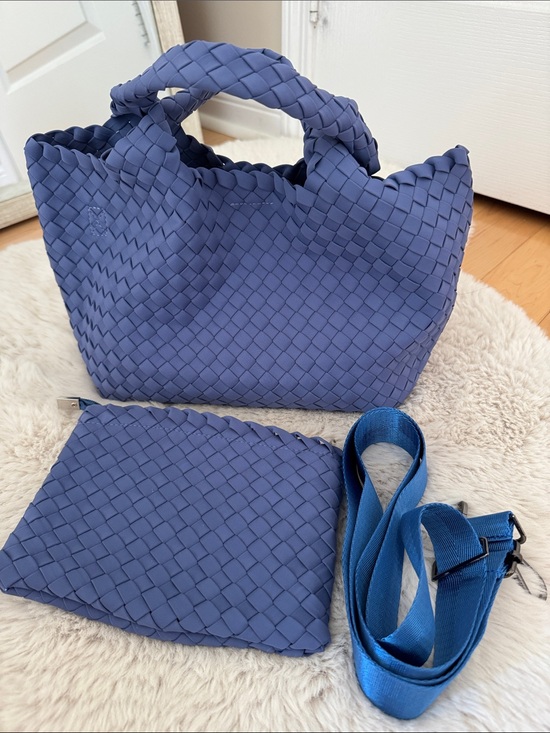 Bags | Woven Tote Bag In Blue With Removable Pouch | Poshmark